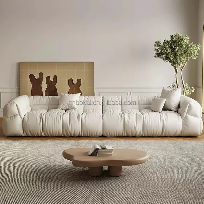 French Cream Style Leather Sofa Living Room Minimalist Small Apartment ...