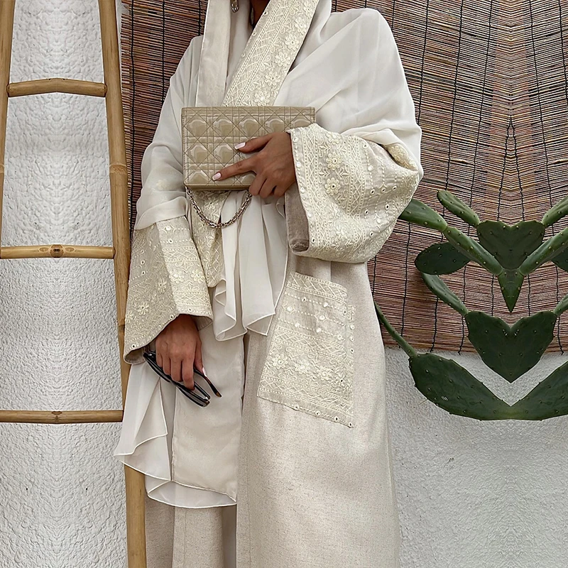 Custom Linen Abayas with Embroidered Hijabs - Islamic Modest Wear