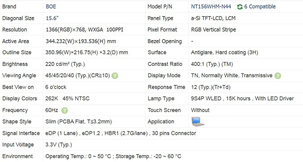 NT156WHM-N44 15.6'' Laptop Screen - Slim, Frameless, Nano Edge