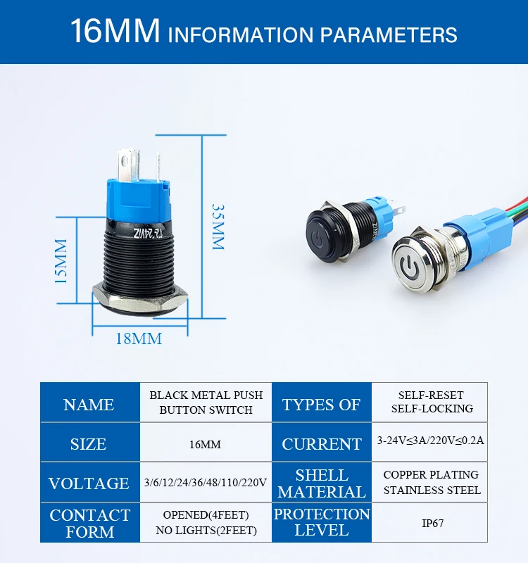16mm 12V 220v Aluminum Alloy Ring Push Button Switch 1NO1NC Momentary ...