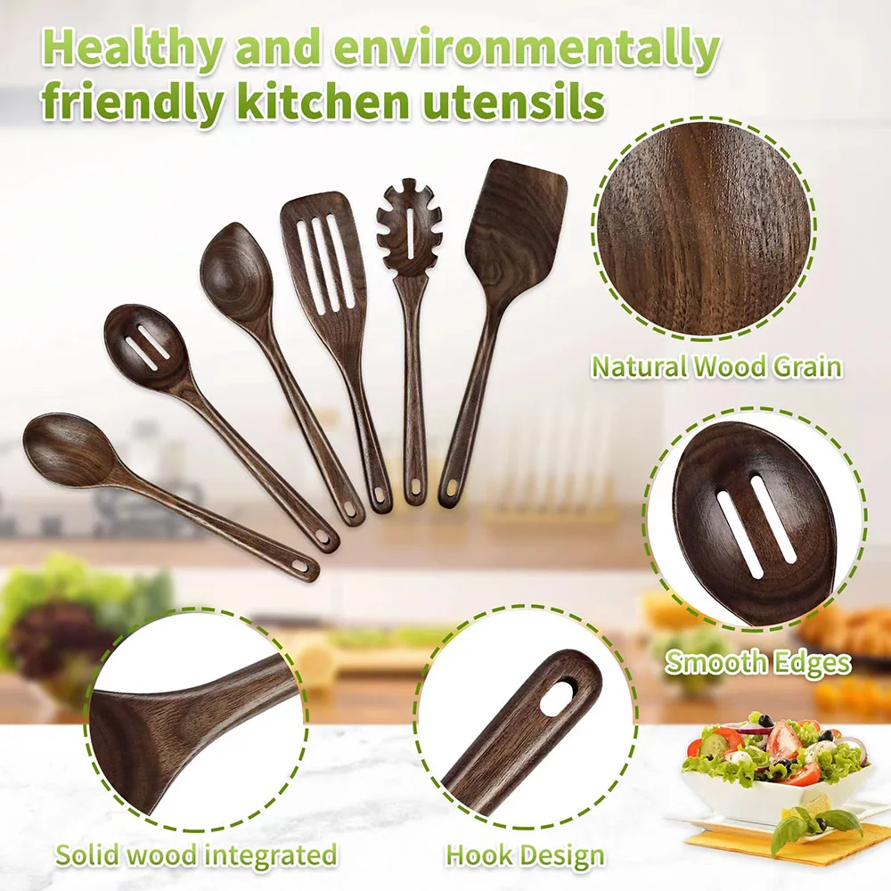 6 Pces 12 Inch Kitchen Cooking Long Handle Natural Black Walnut Wooden ...