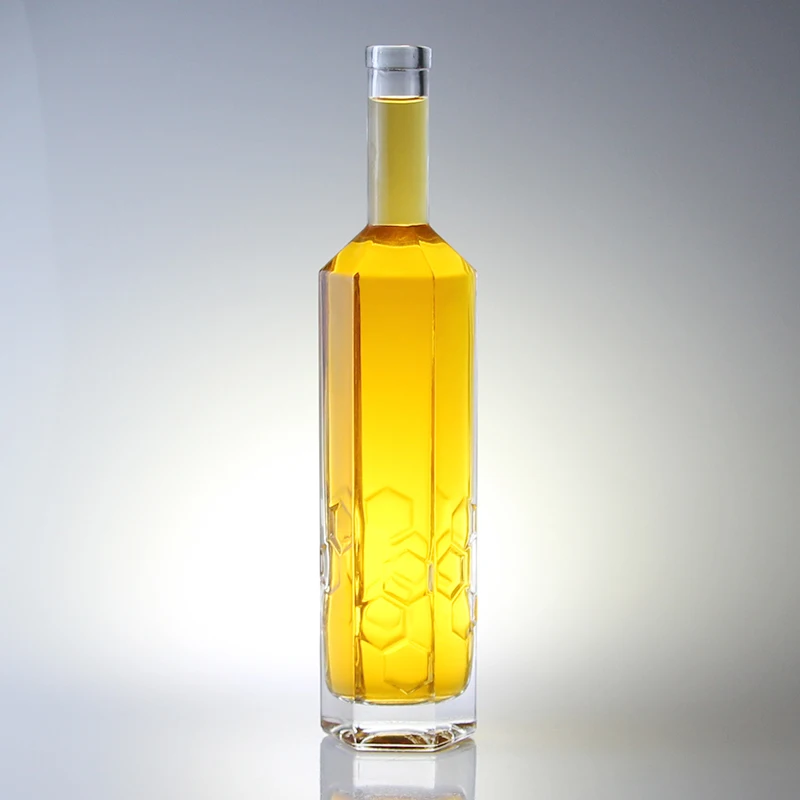 Hexagon Glass Bottle 750ml Whiskey Vodka Transparent Beehive Pattern ...