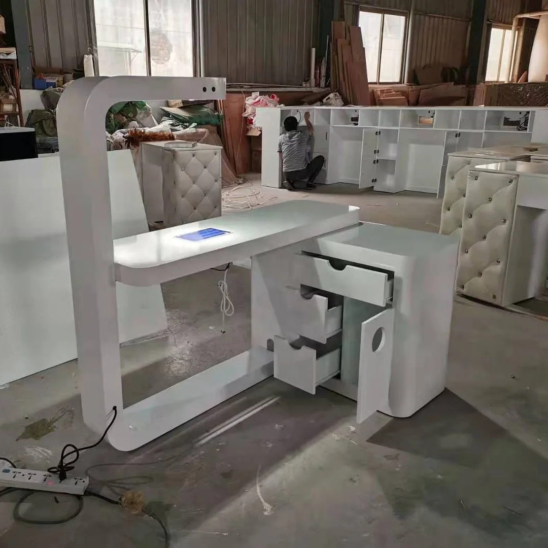 Beauty Salon High Gloss White Nail Technician Manicure Table with Dust ...