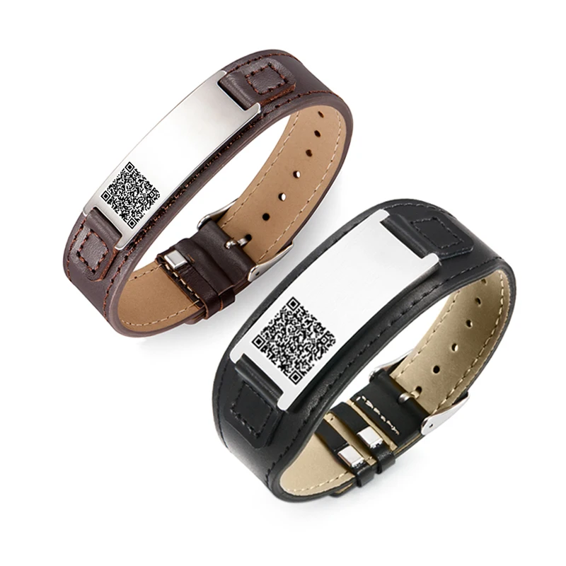 Personalized QR Code Stainless Steel Genuine Leather Bracelet for Men ...