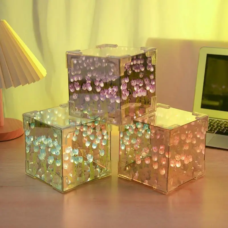 Handmade Diy Magic Cube Tulip Night Light Mini Led Tulip Mirror Lamp ...