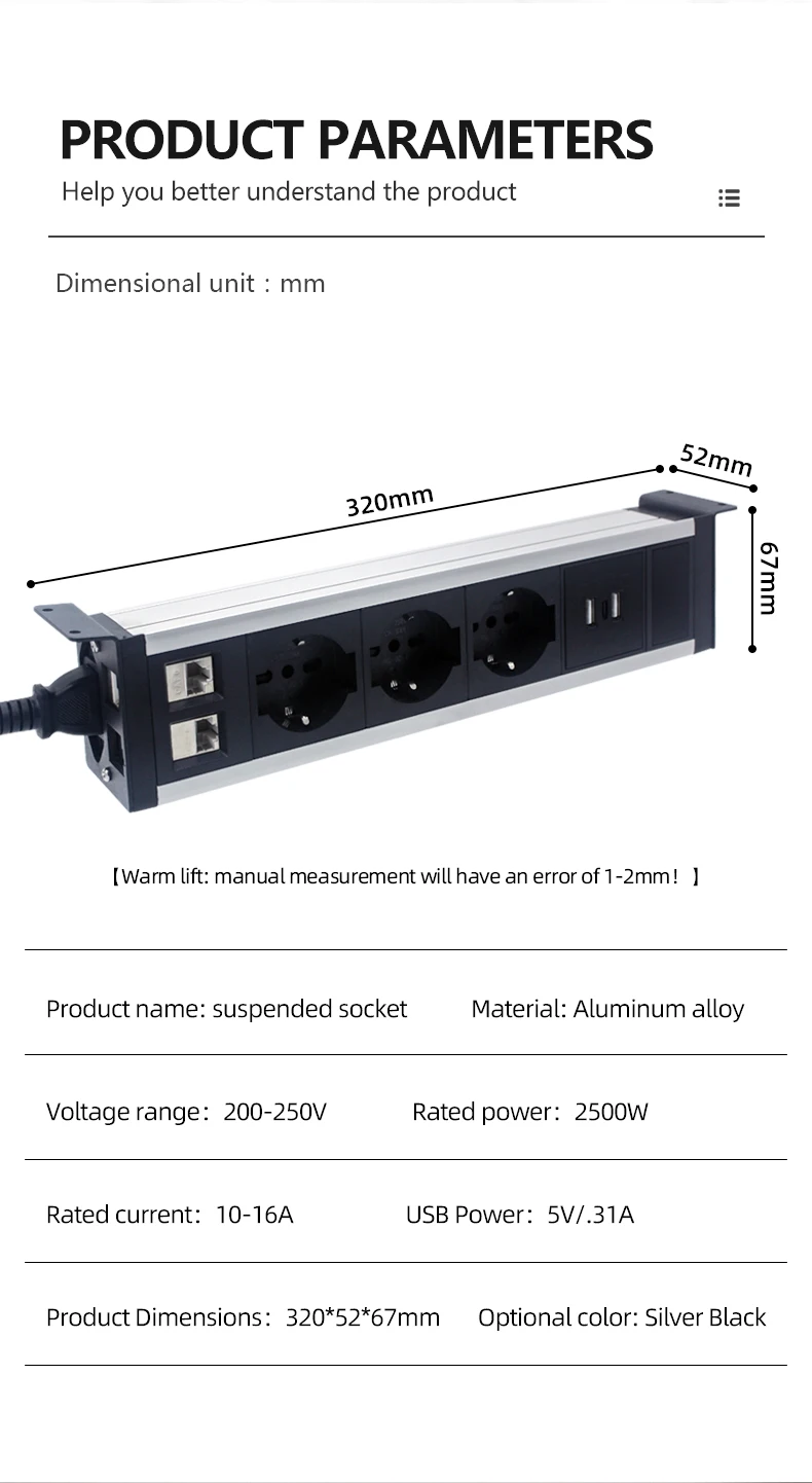 Factory Supply EU Standard Power Under Table Socket USB A+C Desk Edge ...