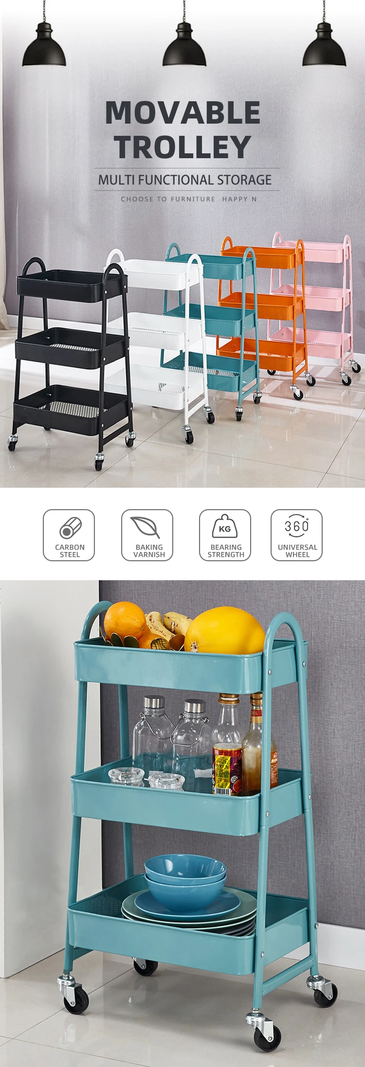 Custom High Quality Black 3-tier Baby Rolling Metal Utility Cart ...