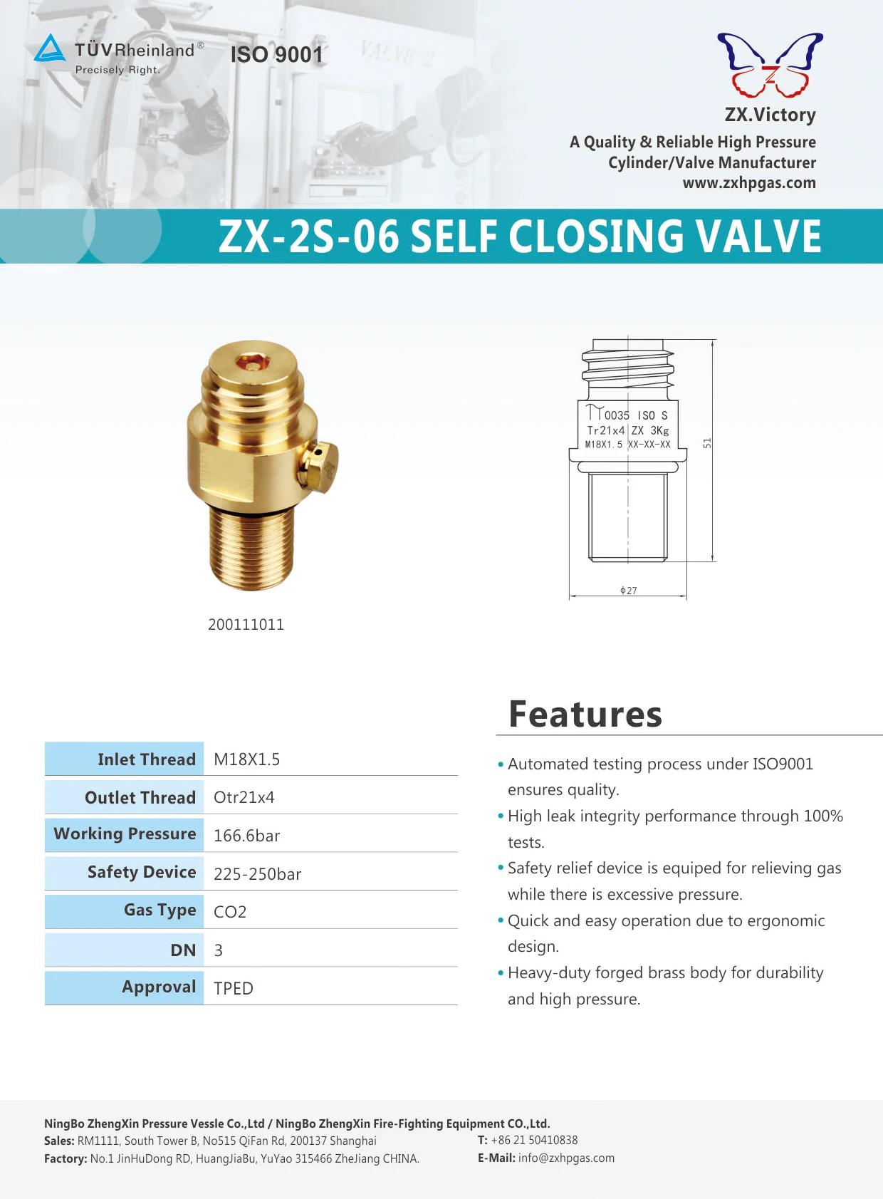 ZX CO2 Gas Cylinder Valve - Self Closing Soda Maker Valve