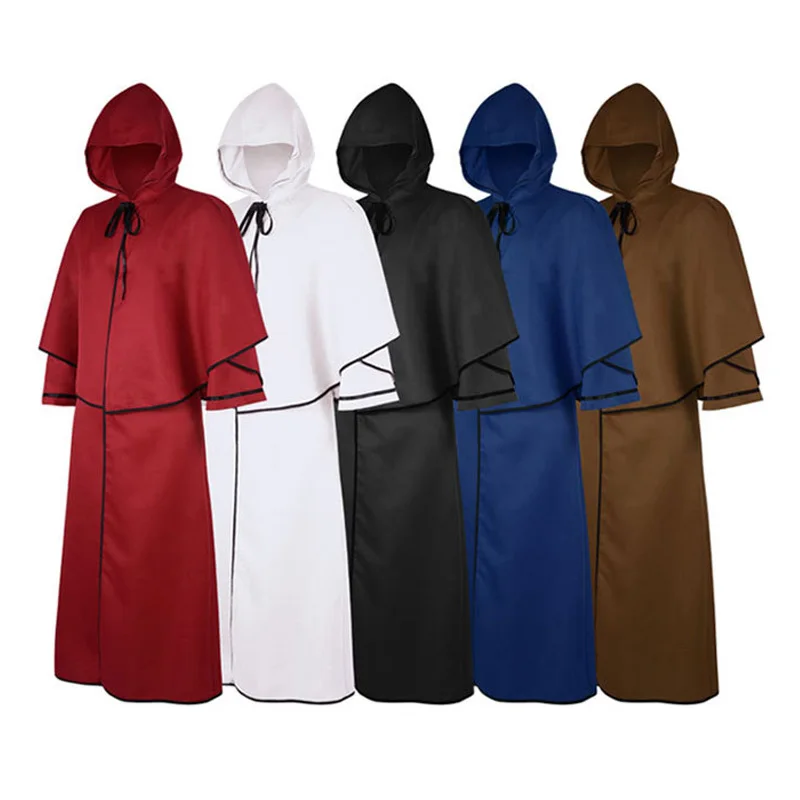 Medieval Priest Robe Black Hooded Renaissance Cloak Halloween Cosplay ...