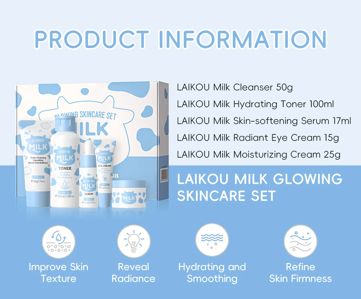 LAIKOU Milk Skincare Set - 5-Piece Face Care Kit with Niacinamide ...