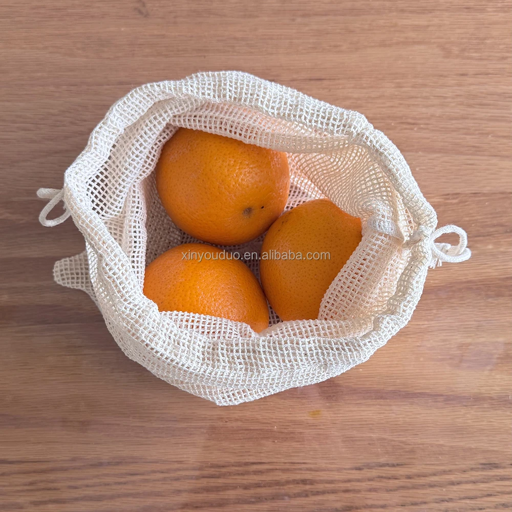 Eco-Reusable 100% Cotton Mesh Produce Bags with Drawstring Portable ...