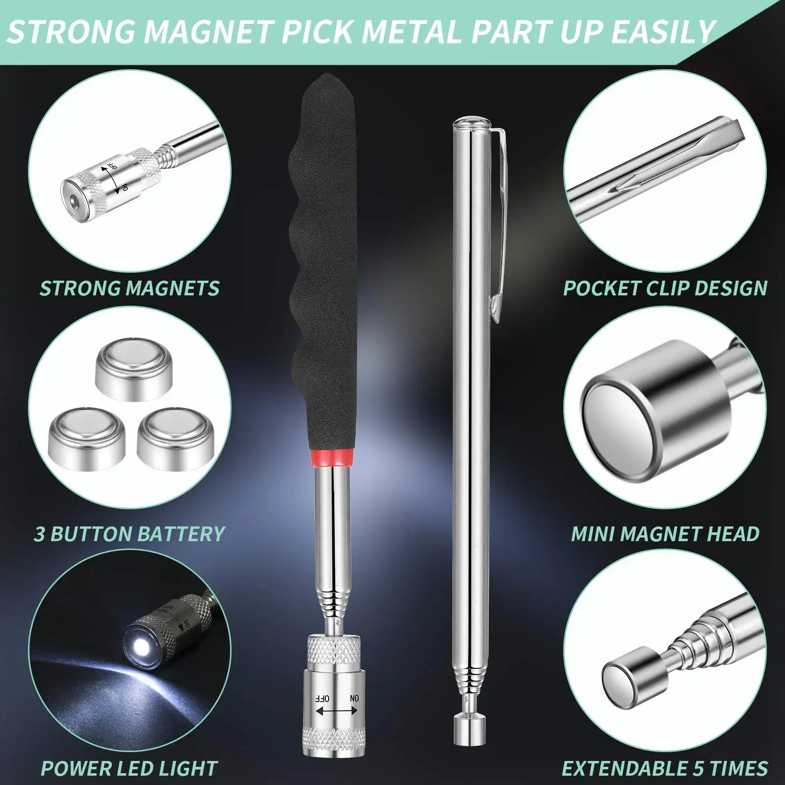 Telescopic Magnet Stick with LED Light - Adjustable & Durable
