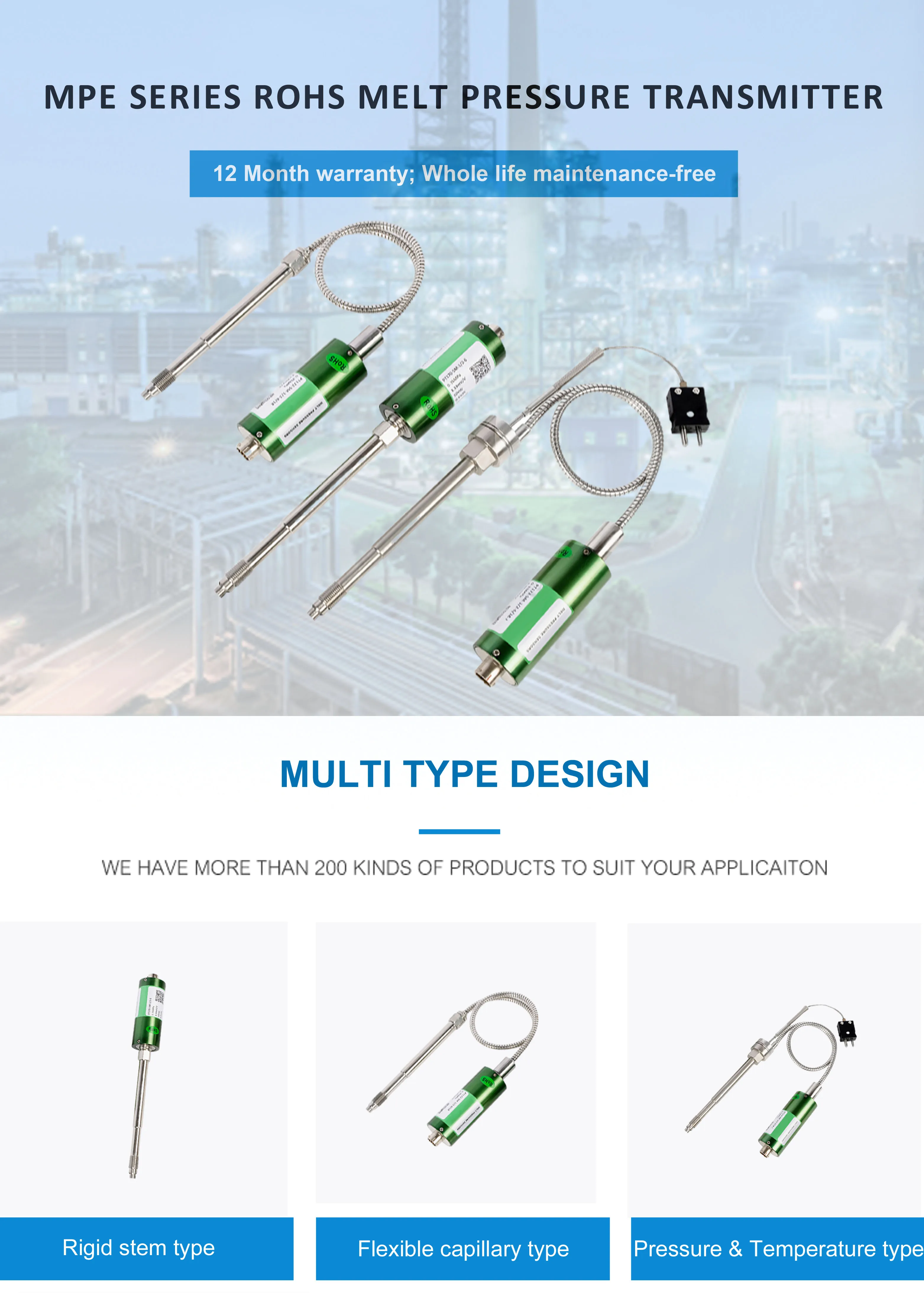 MPE Dual Pressure and Temperature ROHS Extruder Melt Pressure Transducer