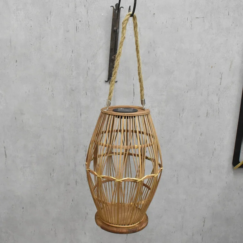 Large Natural Bamboo Rattan Solar Lantern Outdoor Waterproof With Rope ...