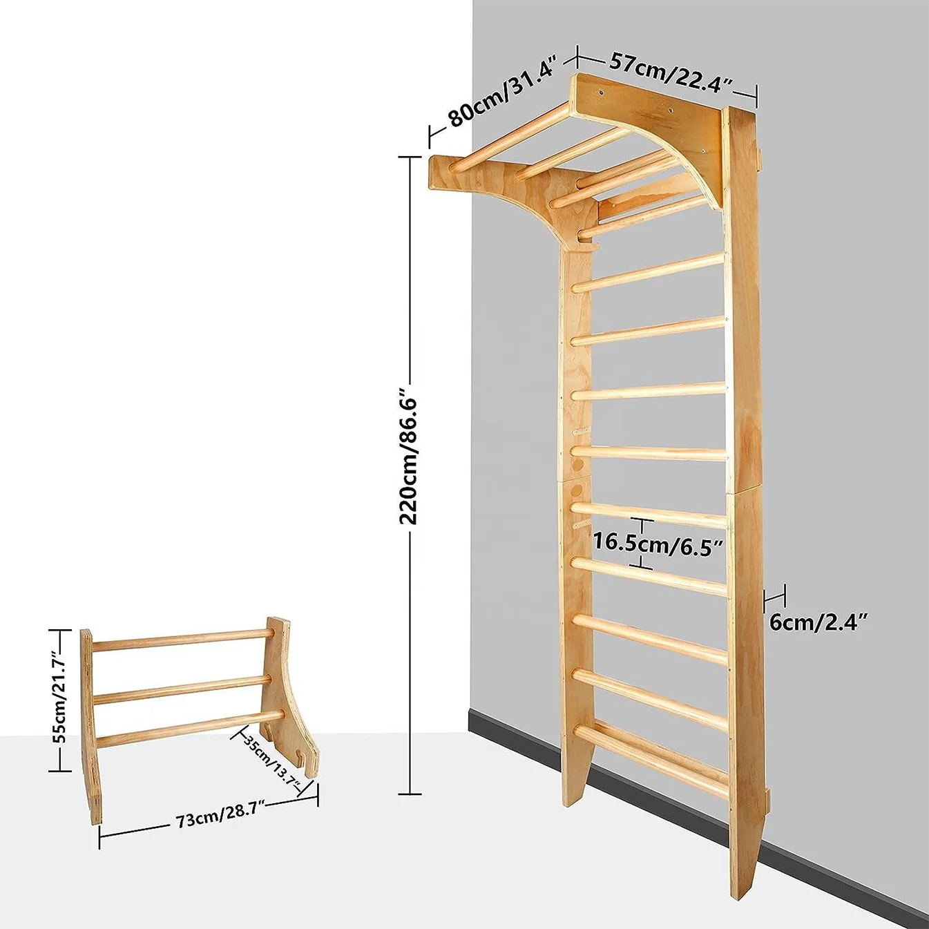 Adjustable Pull-Up Bar Swedish Wall Ladder Set Wooden Gymnastics Stall ...