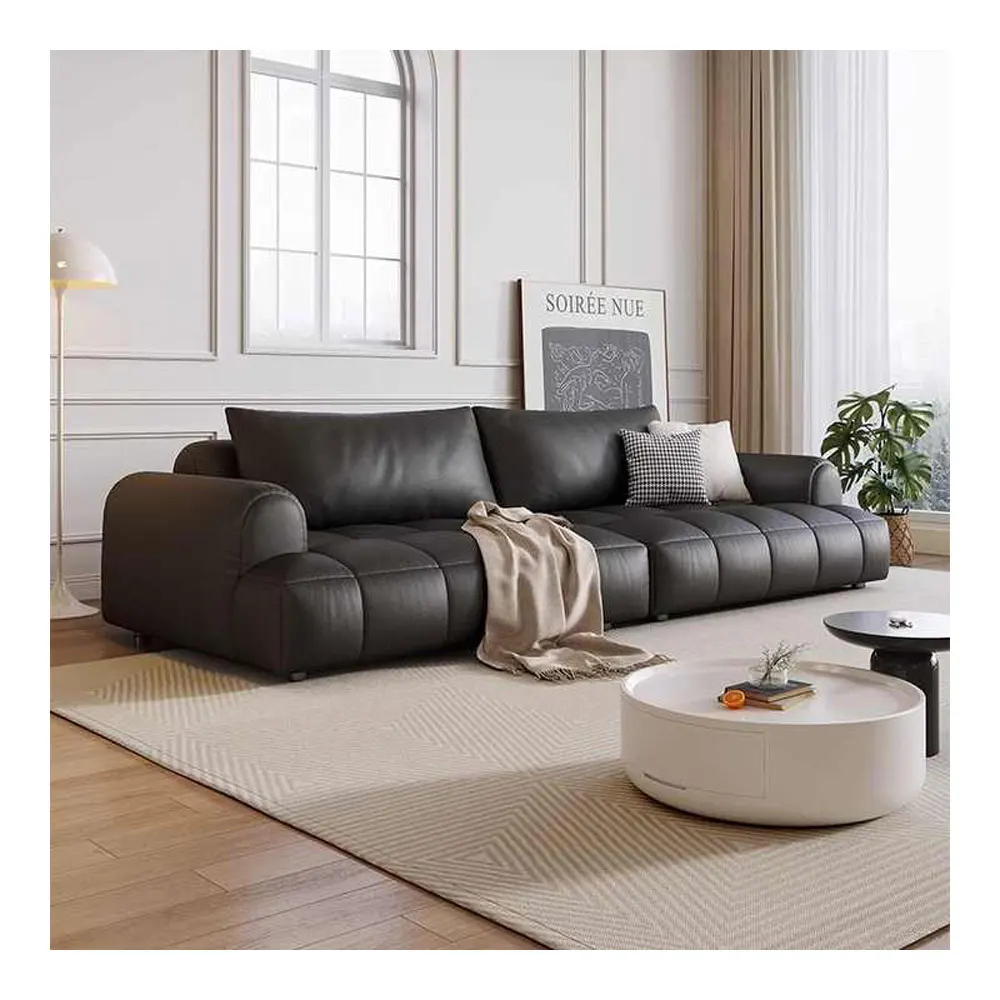 Genuine Leather Puff Living Room Sofas Straight Row Piano Keys Cream ...