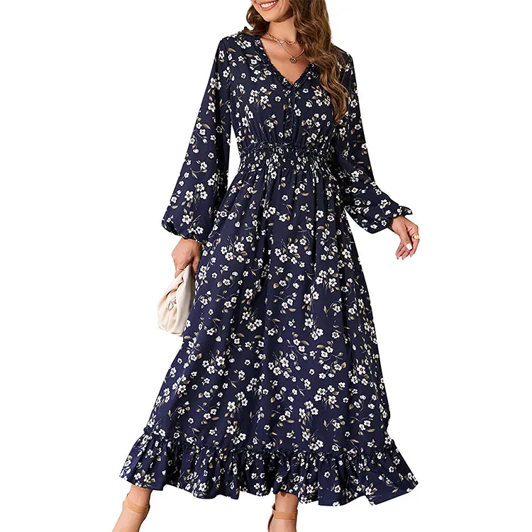 Casual V Neck Boho Floral Print Fall Long Dresses Wedding Guest Maxi ...