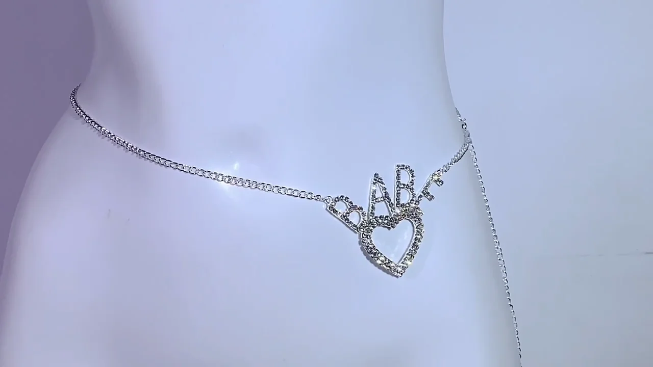 Sexy Silver Crystal Rhinestone Love Heart Custom Letter Babe Name Belly
