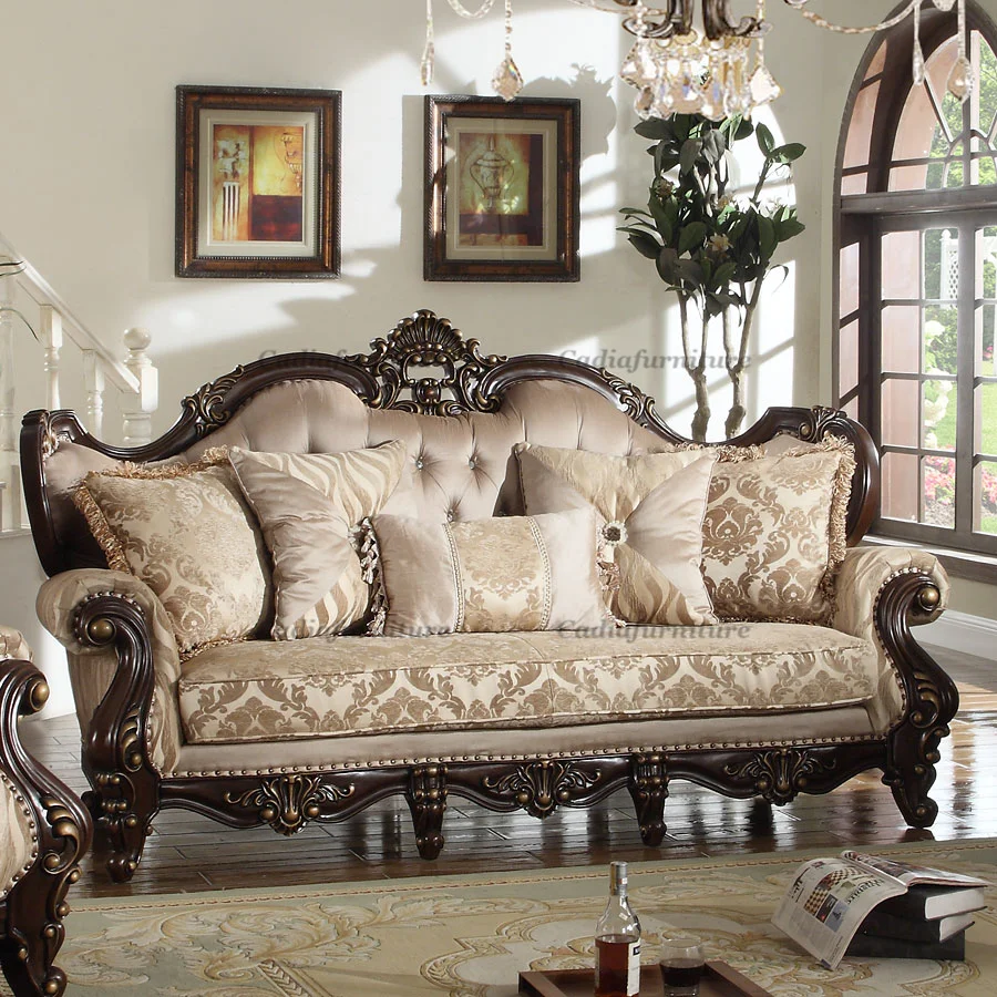 Antique Design Living Room 6 Seat Sofas Traditional Wooden Frame Fabric ...