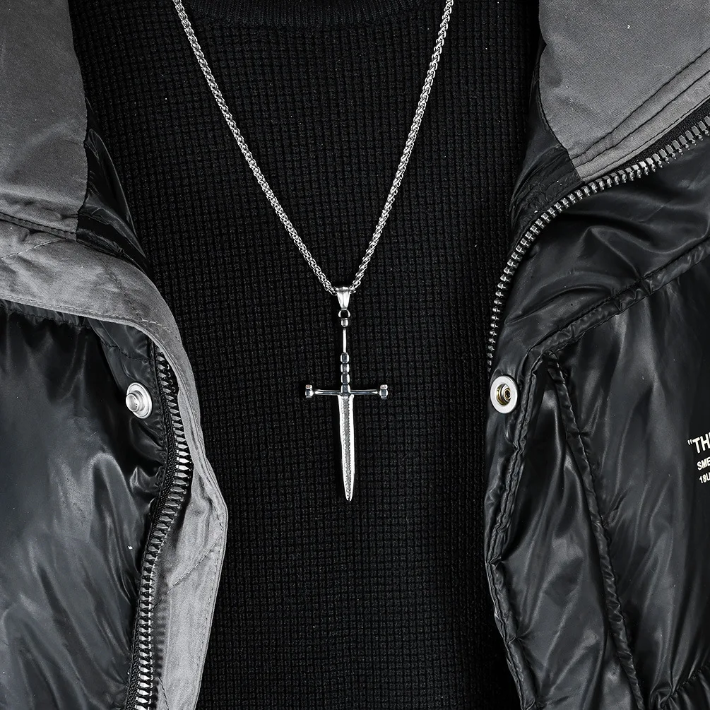 Retro Knight Ancient Sword Weapon Cross Titanium Steel Pendant Necklace ...