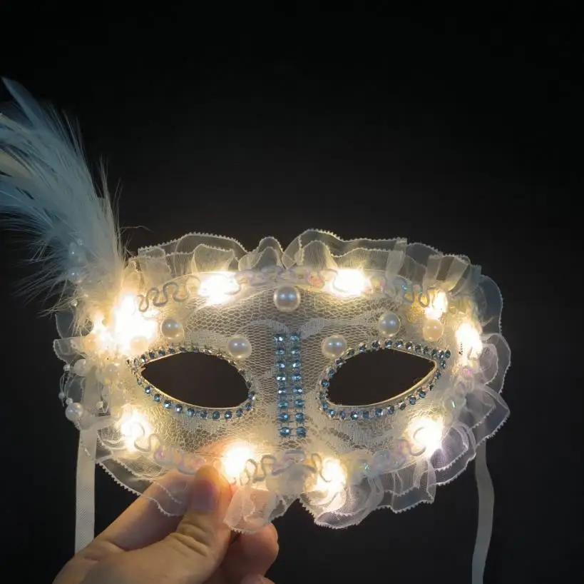 Light Up Masquerade Rhinestone Mask Led Rave Women Lace Pearl Party ...