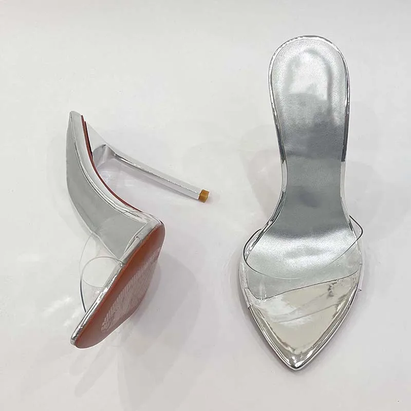 Custom Brand Women Metallic clear PVC Shoes High Heels Slides Sandals ...