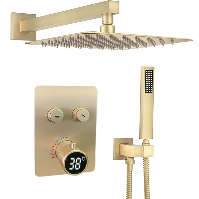 Temperature Display Brushed Gold Concealed Shower Mixer Bathroom 10 ...