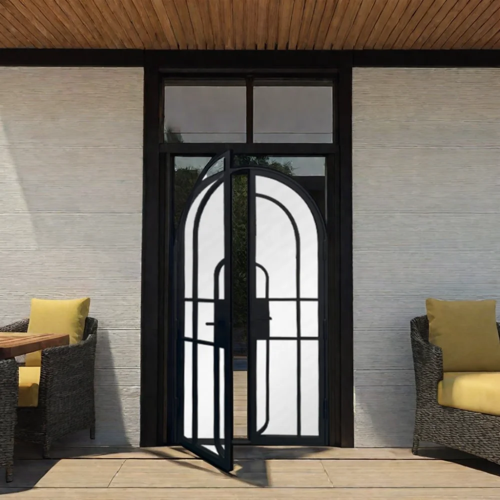 Modern French Wrought Iron Glass Door With Arched Design Steel Material ...