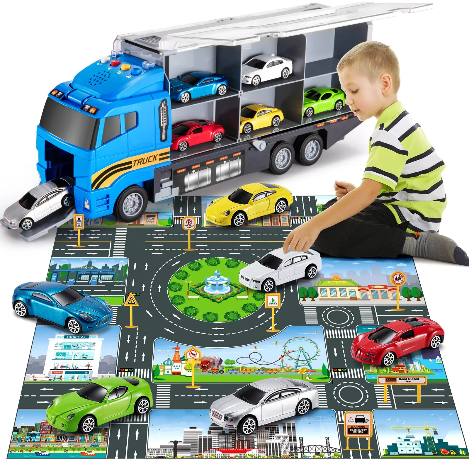 Transport Cars Carrier Set Truck Toys W/ Play Mat,Die-cast Vehicles ...
