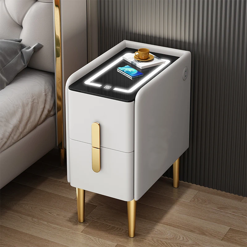 Modern Smart Nightstand Touch Sensing Led Wooden Bedside Table With ...