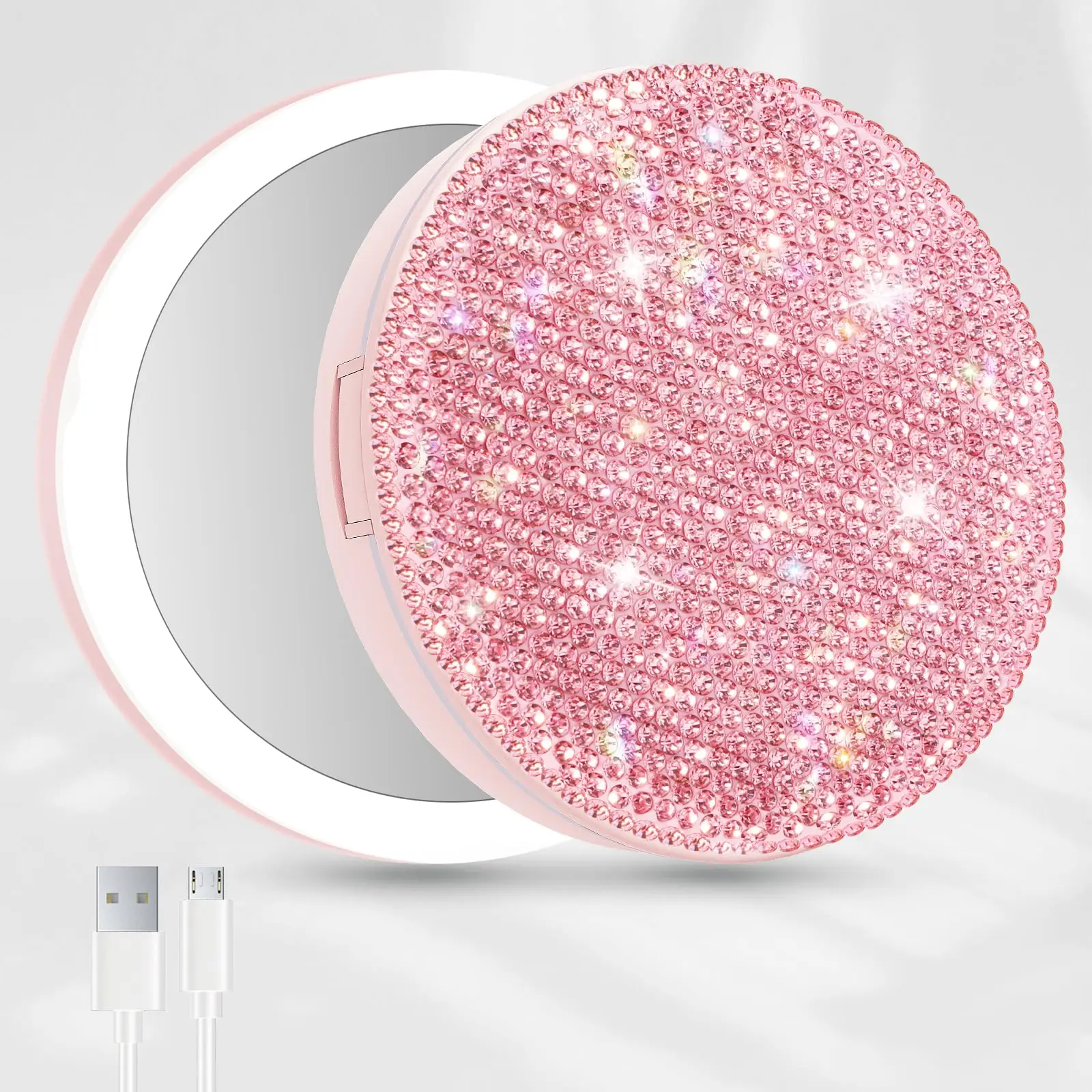 Rhinestone LED Lighted Compact Mirror Bling Portable Travel Makeup ...