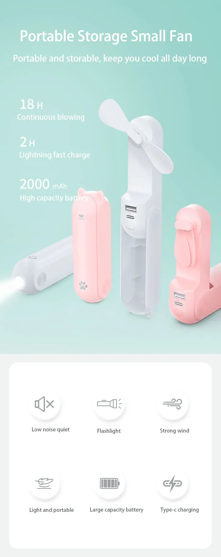 Rechargeable Mini Portable Fan With 2000mah Battery & Usb Handheld ...