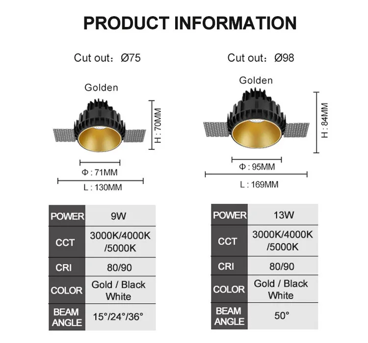High Quality 9w 13w Cob Led Adjustable Dimmable Trimless Recessed Down ...