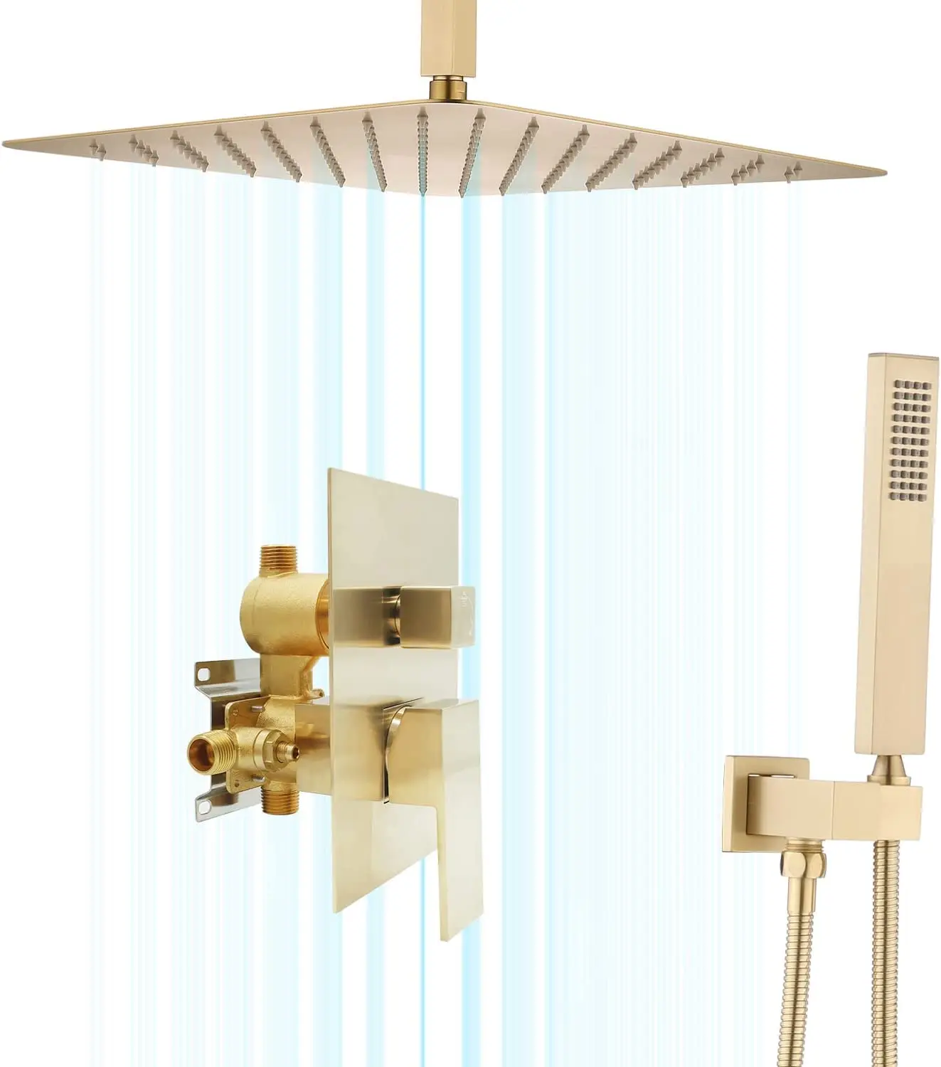 Ceiling Mount Rain Shower System Brushed Gold Shower Faucet Set 16 Inch High Pressure Overhead ...