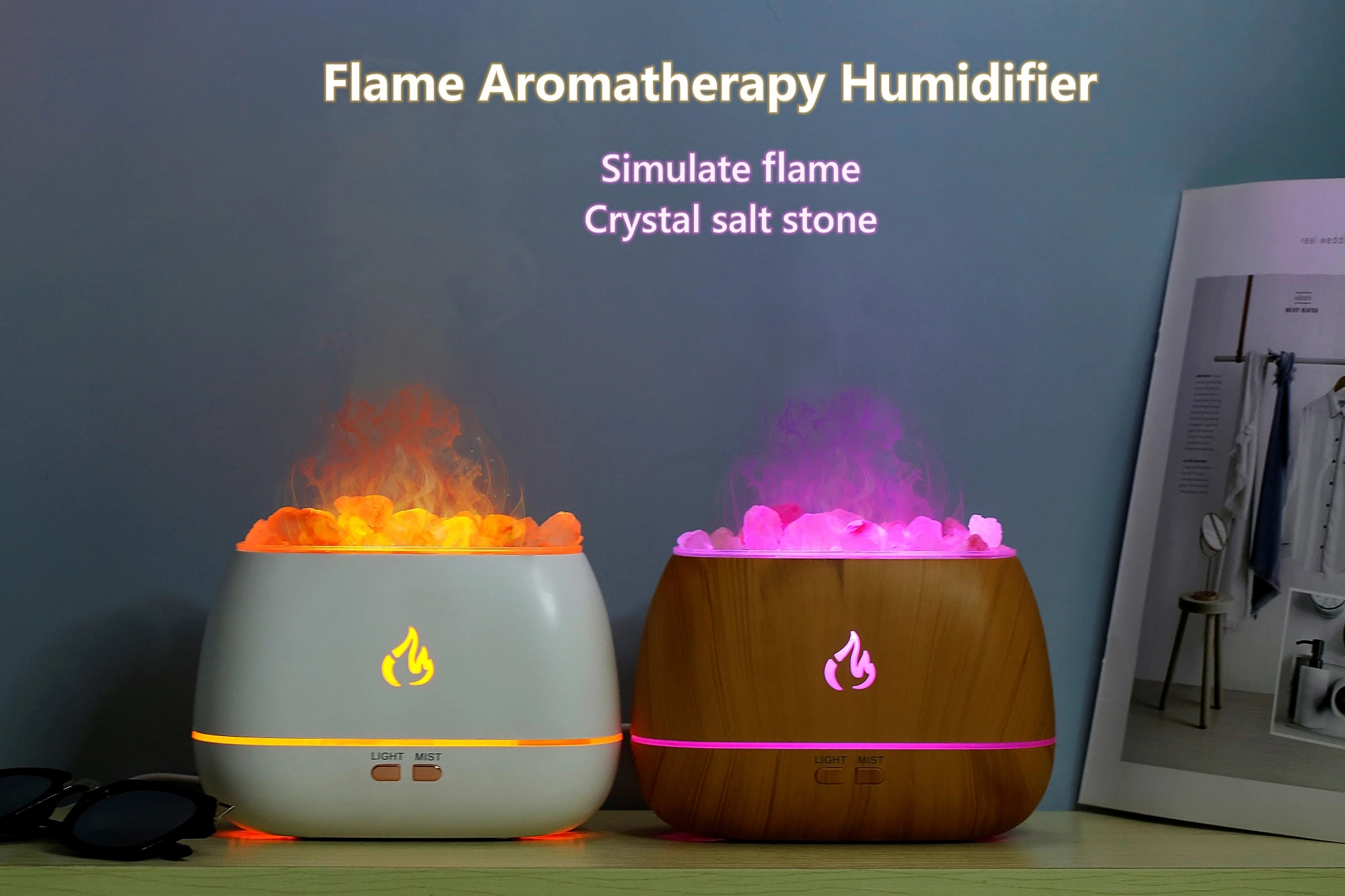Customize Logo Desktop Flame Essential Oil Aroma Diffuser Dual 3d Flame Crystal Salt Stone ...