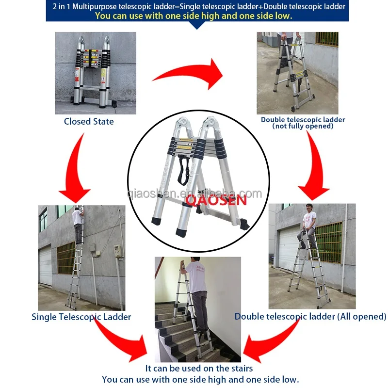 Aluminum 2 In 1 Multipurpose Telescopic Ladder Extension Tube Max.load 150kgs Portable A Frame ...
