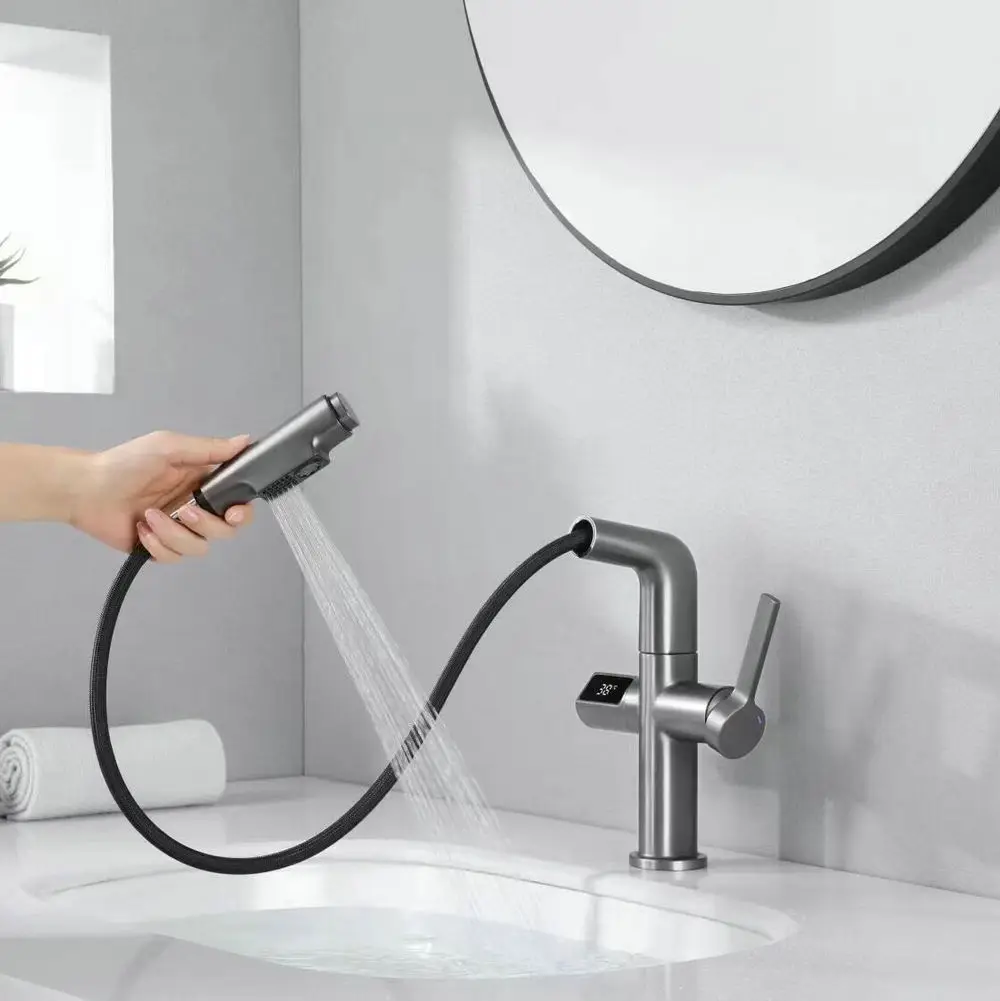 Modern Bathroom Water Tap Full Brass Countertop Pull Out Basin Faucet ...