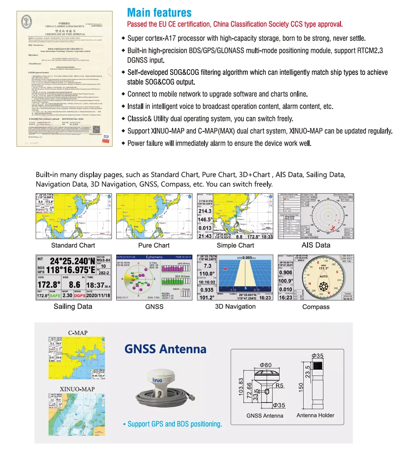 Xinuo GN150 Series - GPS 150 Marine Chart Plotter with GNSS Antenna