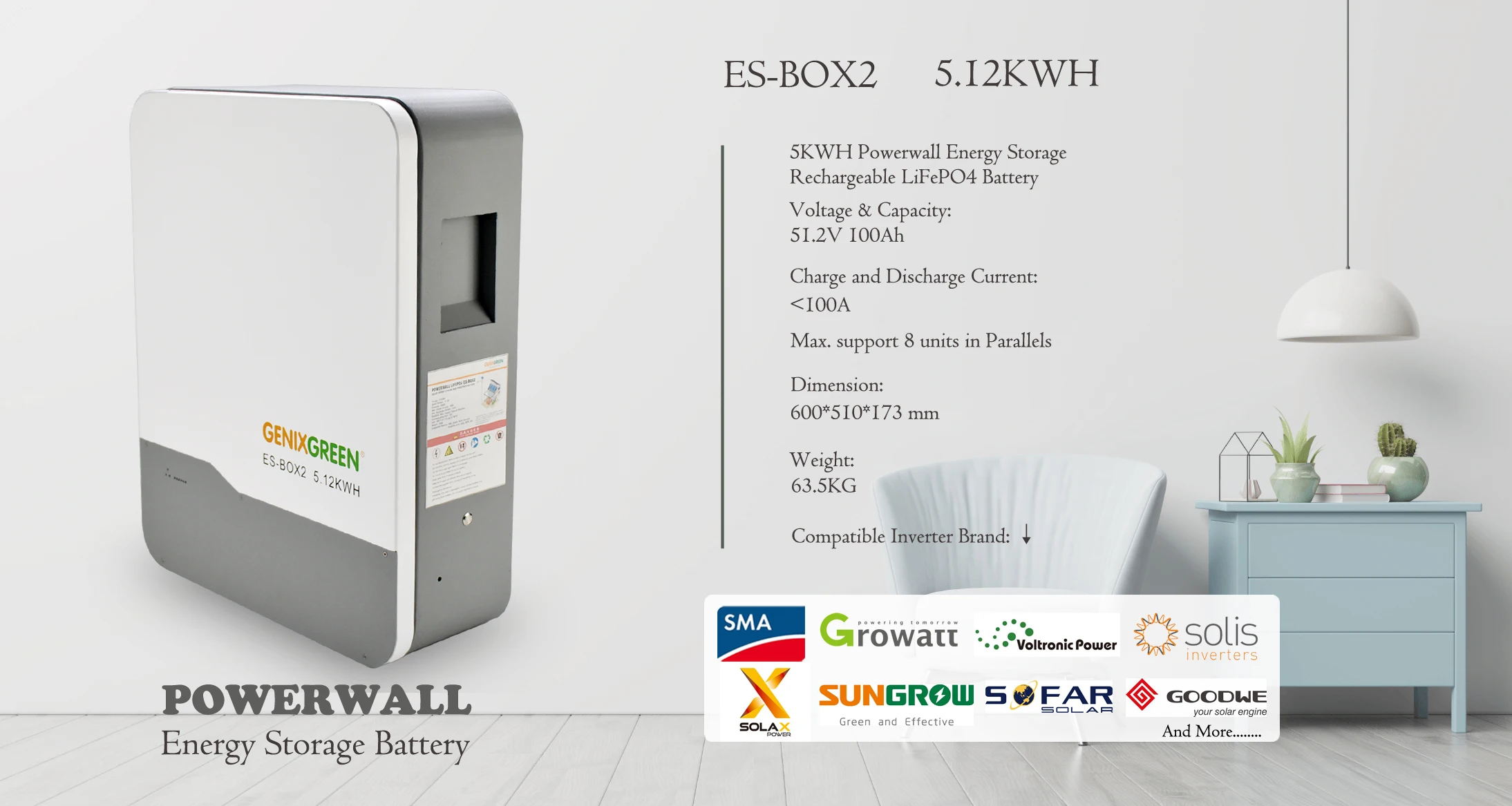 Genixgreen 6000 Cycles 80% DOD Lifepo4 Power Wall Battery
