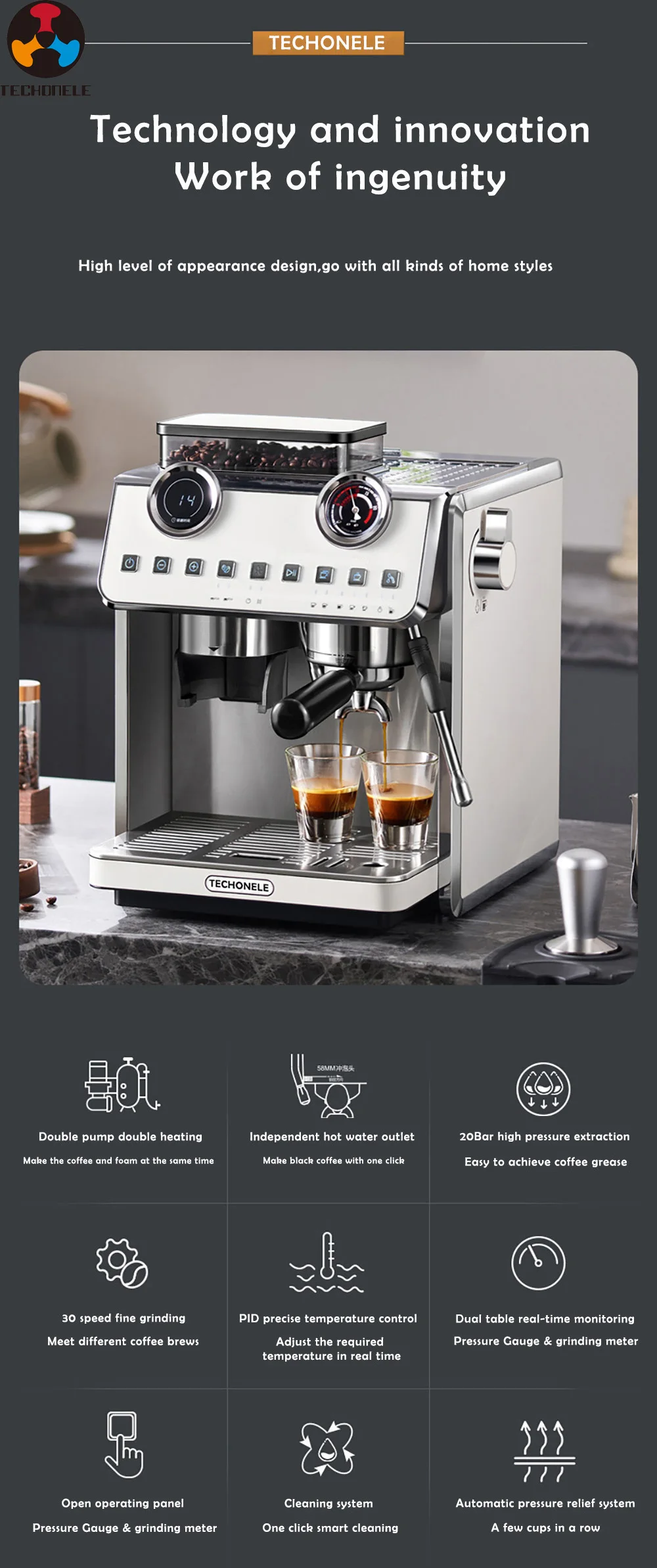 20 Bar Electric Espresso Coffee Maker Double Boiler Bean Grinder 12V ...