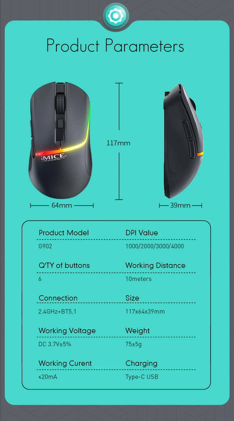 Imice G902 RGB Rechargeable Wireless Mouse - Dual Mode 2.4GHz & BT5.1 ...