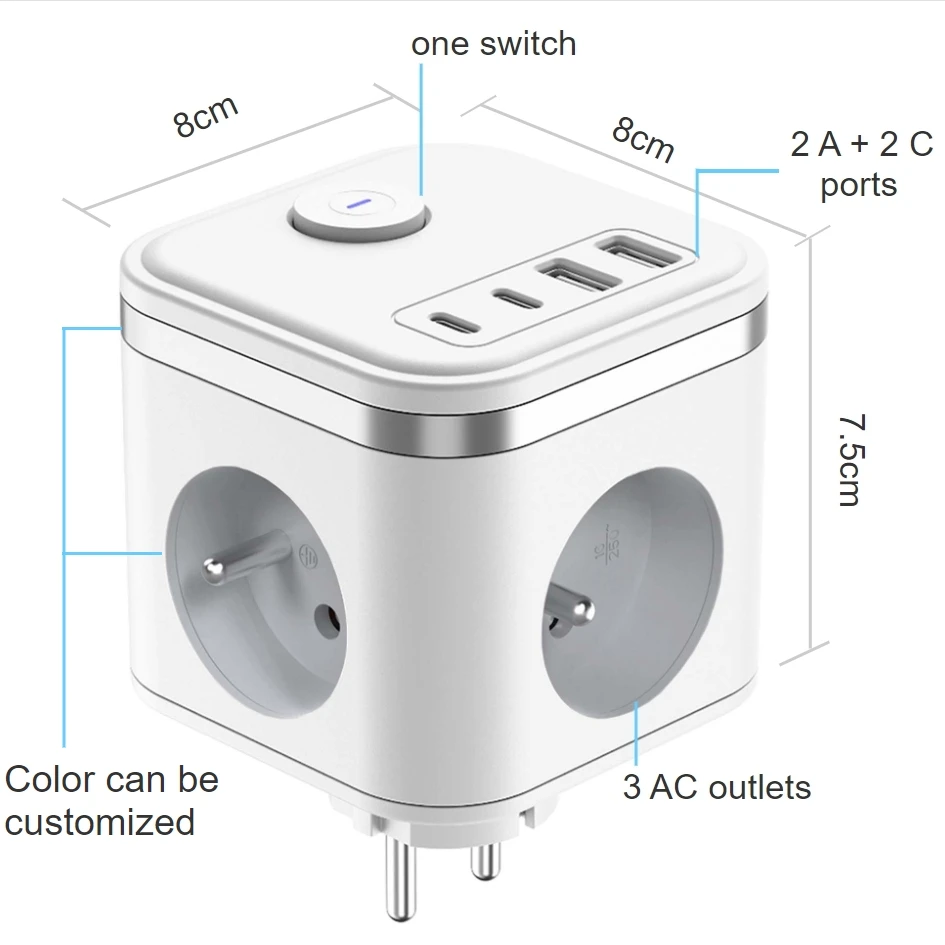 USB Socket Cube EU FR 3 Way with 1.5m Cable Cube Power Strip Smart Home ...