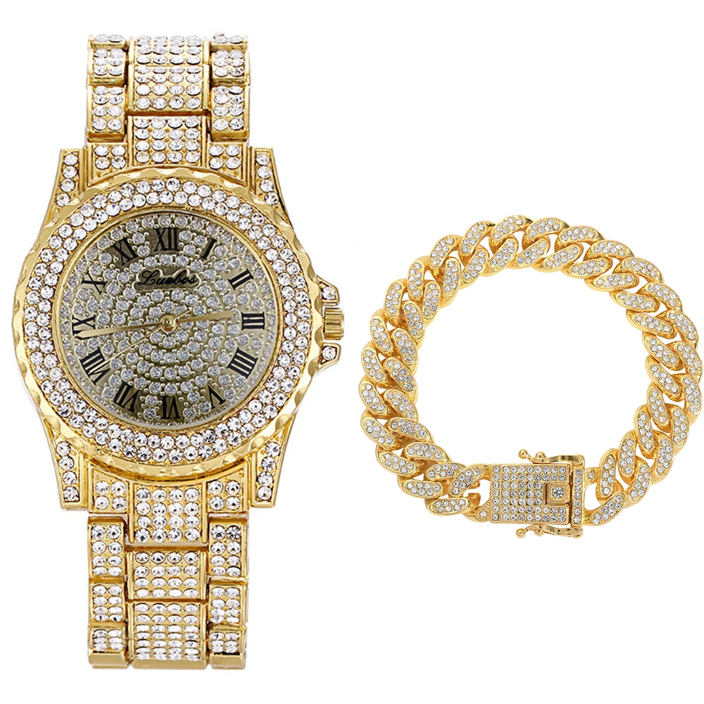 Bling Diamond Fully Iced Out Silver Gold Dial Quartz Wrist Watch And ...