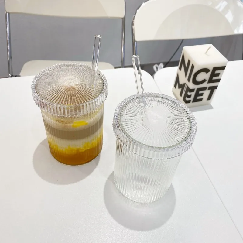 375ml Transparent Bubble Tea Cup Simple Ribbed Vertical Stripes Glass ...