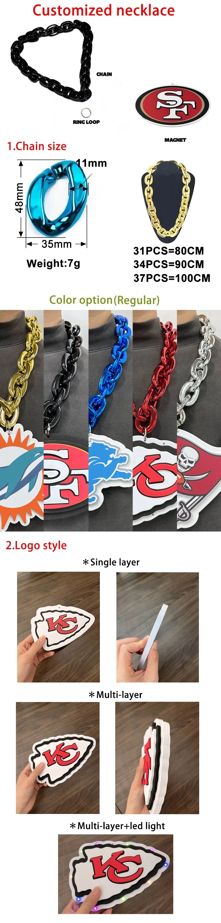 Large Logo Plastic Big Chain 3d Necklace Eva Foam Fan Football Teams ...