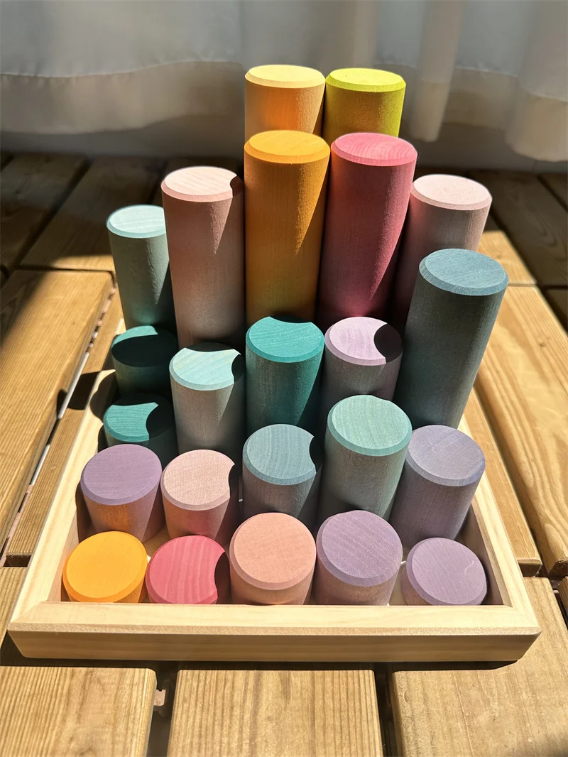 Large Pastel Stacking Cylinders Building Blocks Rollers Wood Toys ...