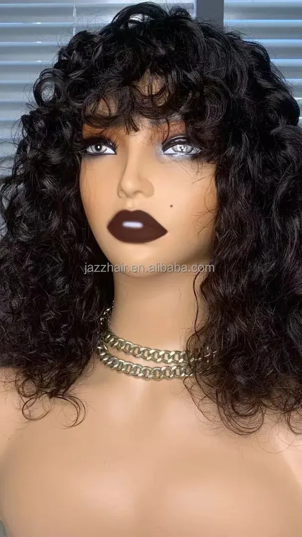 Machine Made Curly With Bang Human Hair Wigs High Density No Lace Human ...