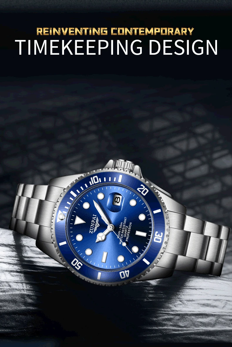 ZUNPAI Men's Waterproof Sports Watch - Stainless Steel Analog Diving ...