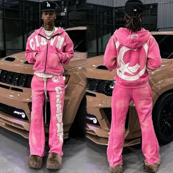 Custom Men Flare Sweatpants And Hoodie Set Embroidery Acid Wash ...