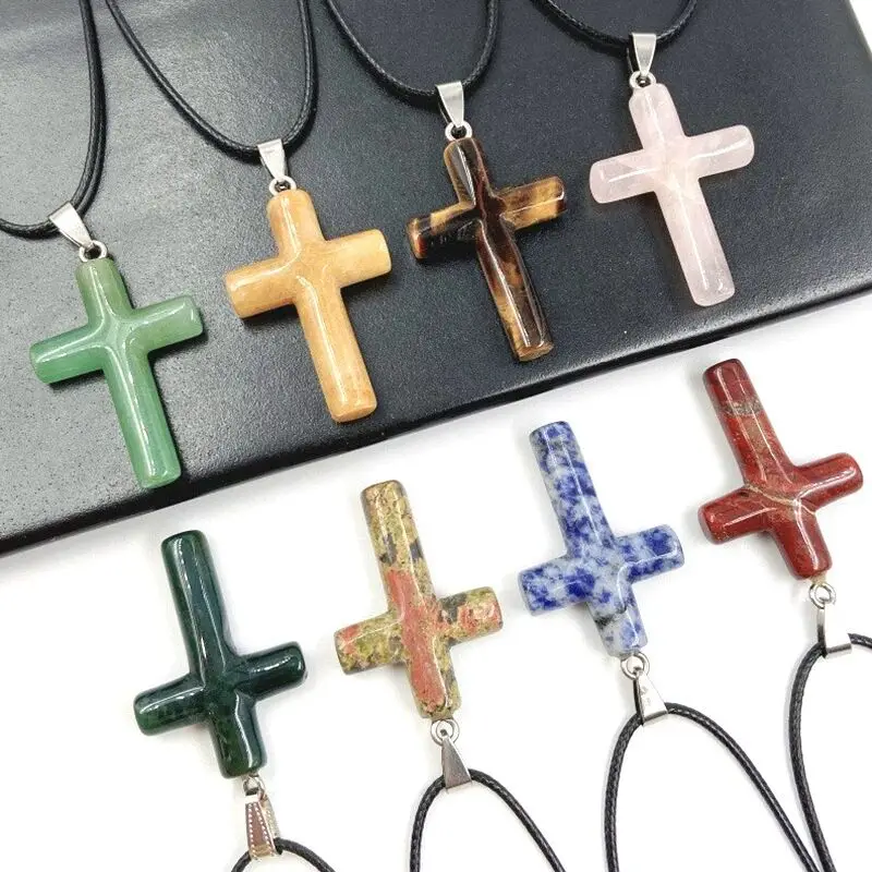 B787 Raw Cross Gem Necklace Red Jade Stone Leather Necklace Quartz ...
